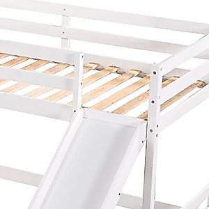 L Shaped Bunk Bed for 4, Wooden Quad Bunk Bed with Slide, Full Over Full Bunk Bed with Twin Over Twin Bunk Bed Attached for Kids Girls Boys - White