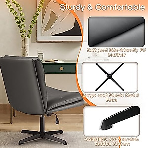 PUKAMI Armless Office Desk Chair No Wheels,PU Padded Modern Swivel Criss Cross Legged Chair,Height Adjustable Wide Seat Computer Task Chair for Home Office,Mid Back Accent Vanity Chair (Grey)