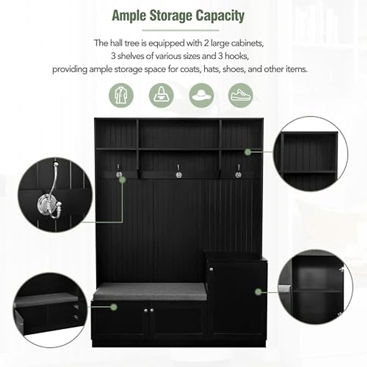 BNSPLY 59" Hall Tree with Bench and Shoe Storage, Modern Entryway Bench with Coat Rack and Cushion, Mudroom Bench with 2 Large Storage Cabinet,3 Metal Hooks and Top Shelves for Hallway (White)