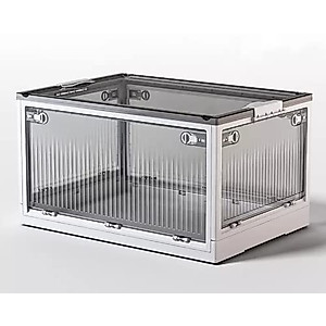 Folding Collapsible Storage Box and Organizer - Transparent - Easy to access - Stackable - Plastic Basket - Portable Bin with Wheels (White)