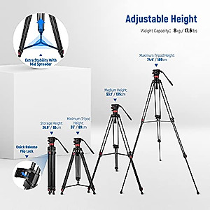 NEEWER 74" Pro Video Tripod with Fluid Head, All Metal Heavy Duty QR Plate Compatible with DJI RS Gimbals Manfrotto, Flexible 360° Pan&+90°/-75° Tilt with Adjustable Damping Max Load 18lb/8kg, TP75