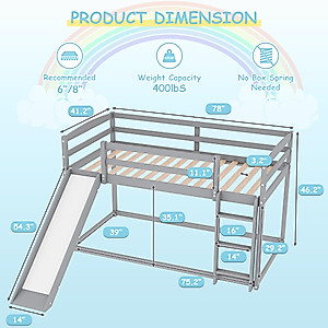 DreamBuck Twin Over Twin Bunk Bed with Convertible Slide and Ladder, Wooden Low Bunk Bed for Kids Teens with Safety Guardrails, Floor Bunk Bed for Boys Girls, Space Saving & Easy Assembly, Grey