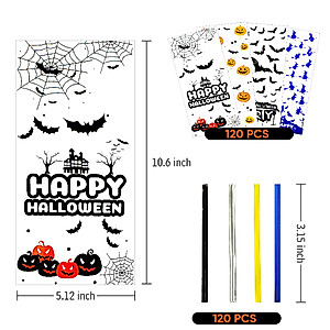 Hifunwu 120 PCS Halloween Cellophane Bags Halloween Treat Bags with Ties Trick or Treat Bags for Candy Cookie Goodies Gift Favor Halloween Party Supplies