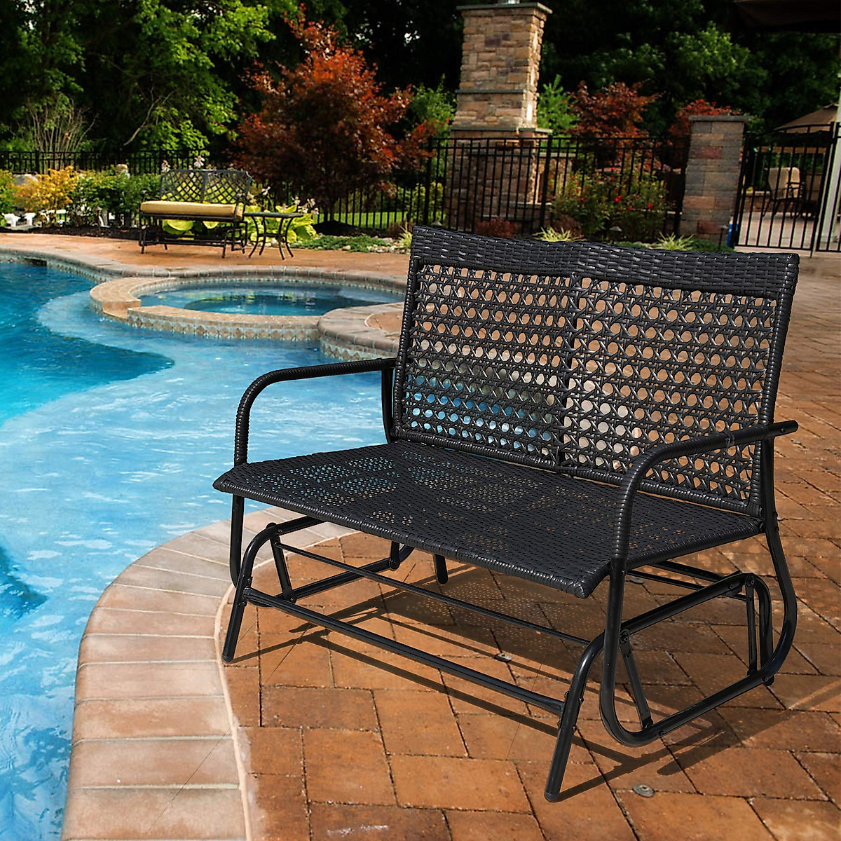 Sundale Outdoor Wicker Porch Glider Rocker Chair, Outdoor 2 Person Glider, Garden Bench Loveseat Sofa Couch for Patio, Outside, Poolside - Black, Metal, 350 Lbs Capacity