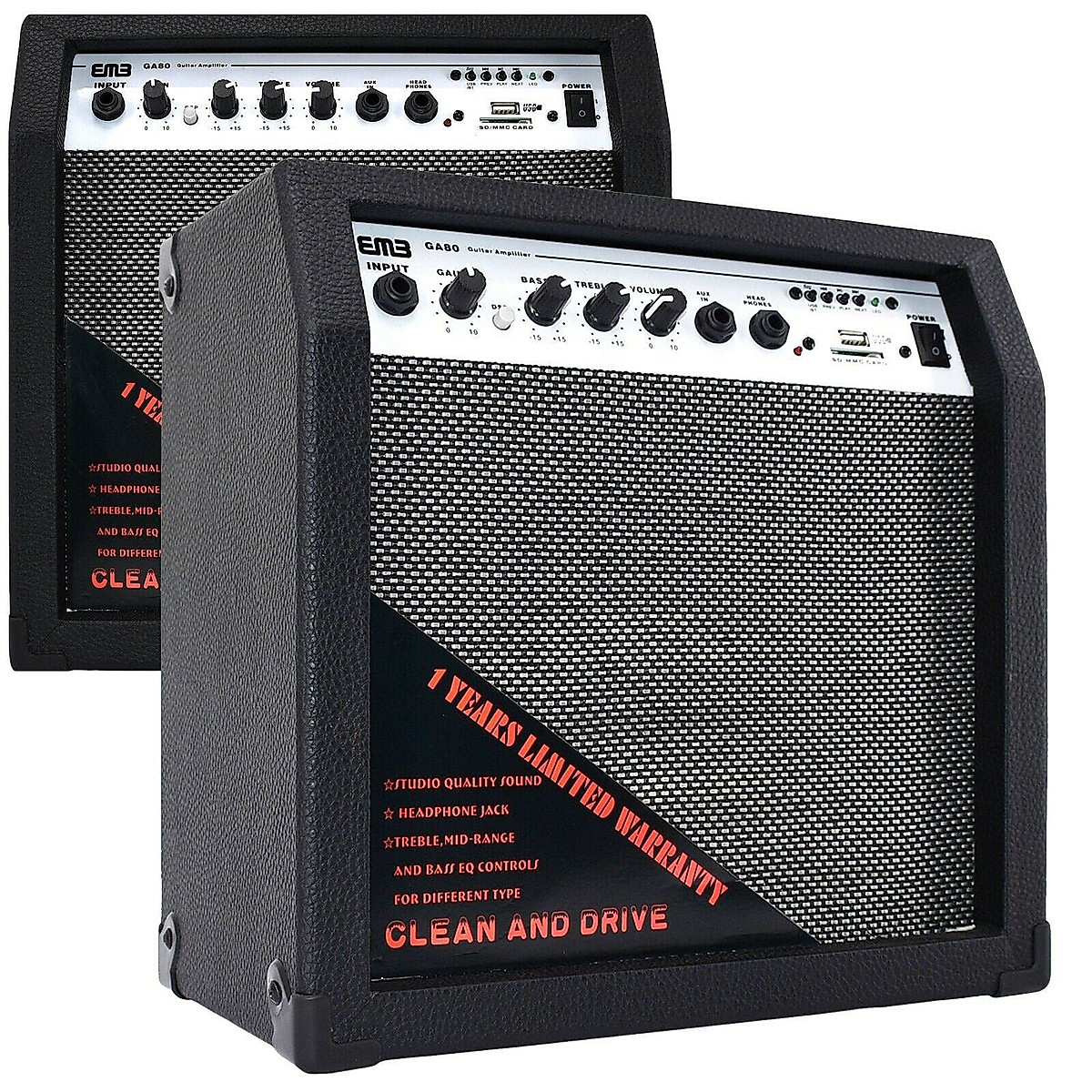 EMB GA80 350 Watts 8" Electric Guitar Amplifier Speaker Portable Powerful Studio and Stage Cabinet PreAMP – with Built in Headphone Jack and 2 Inputs and SD USB AUX Bluetooth (Black)