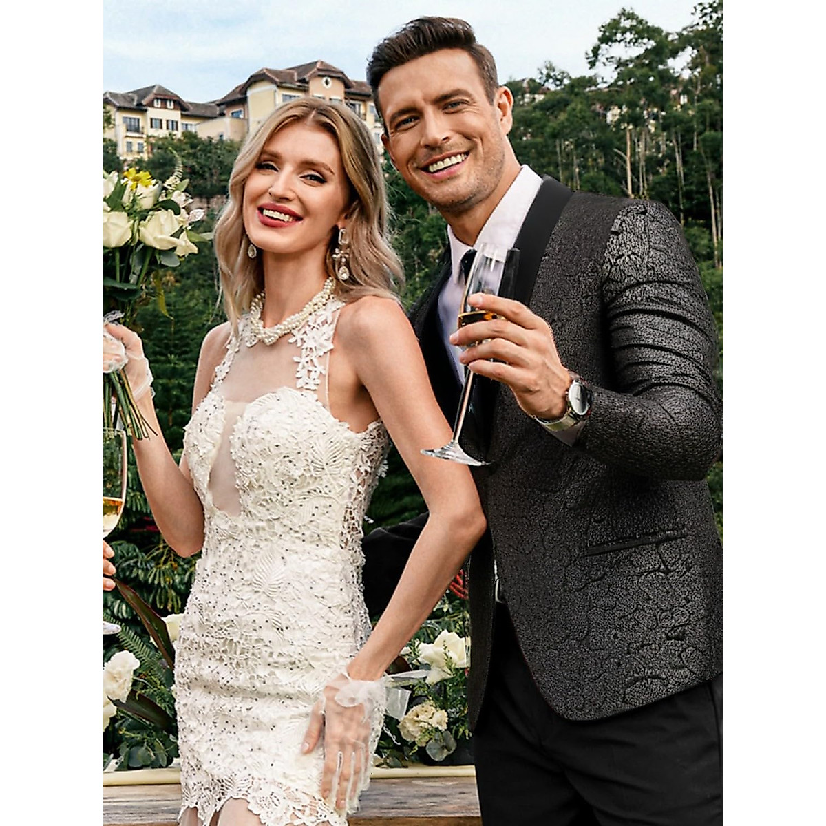 COOFANDY Mens Floral Tuxedo Jacket Jacquard Formal Blazer Homecoming Dress Suit Blazer Slim Fit for Christmas Prom Wedding Homecoming Silver