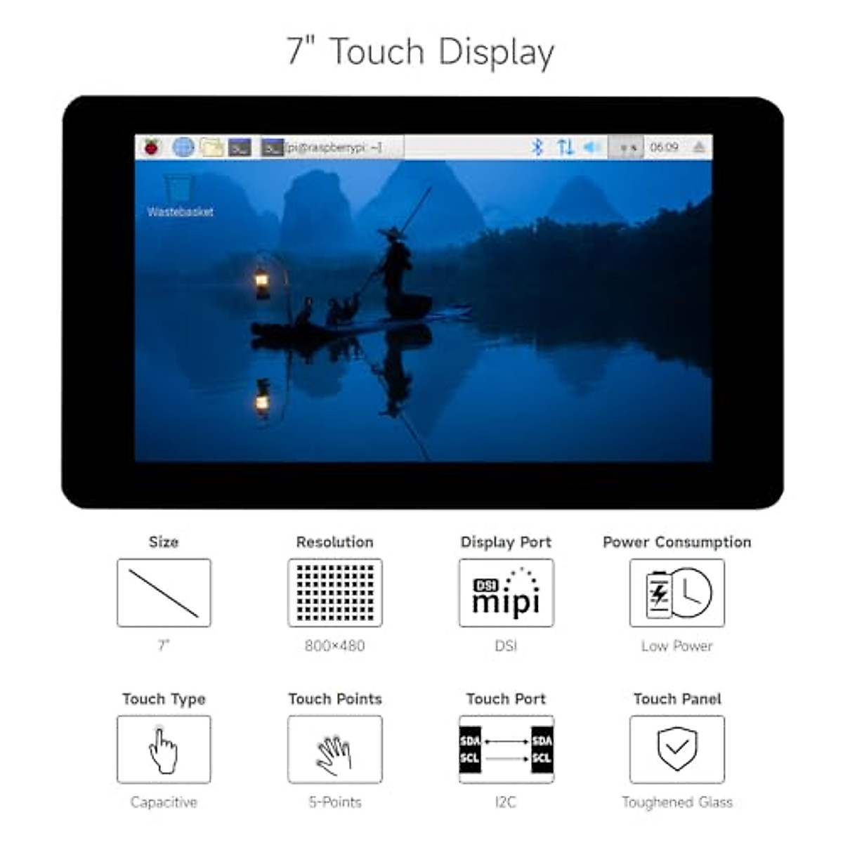 Waveshare 7inch Capacitive Touch Display, Compatible with Raspberry Pi 5/4B/3B/Zero/Zero W/Zero 2W/Pico/Pico W/Pico WH, 800×480, DSI Interface