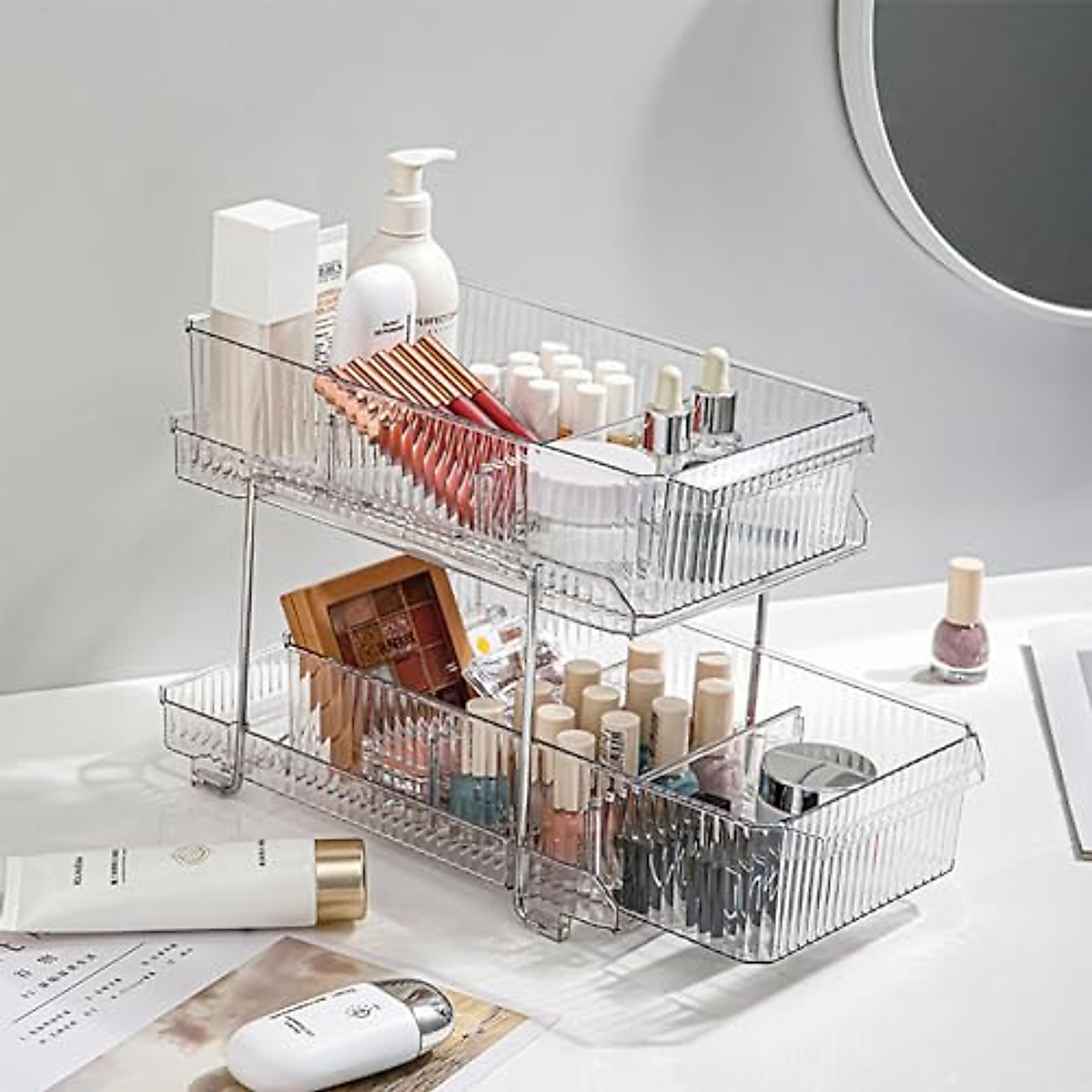 Cupboard Storage Rack, 2 Layer Pull Out Cupboard Storage Rack, Under Sink Cupboard Organizers with Partitions, Kitchen Spices Cupboard Storage Rack, Kitchen Pantry Organizer for Toiletry Pantry