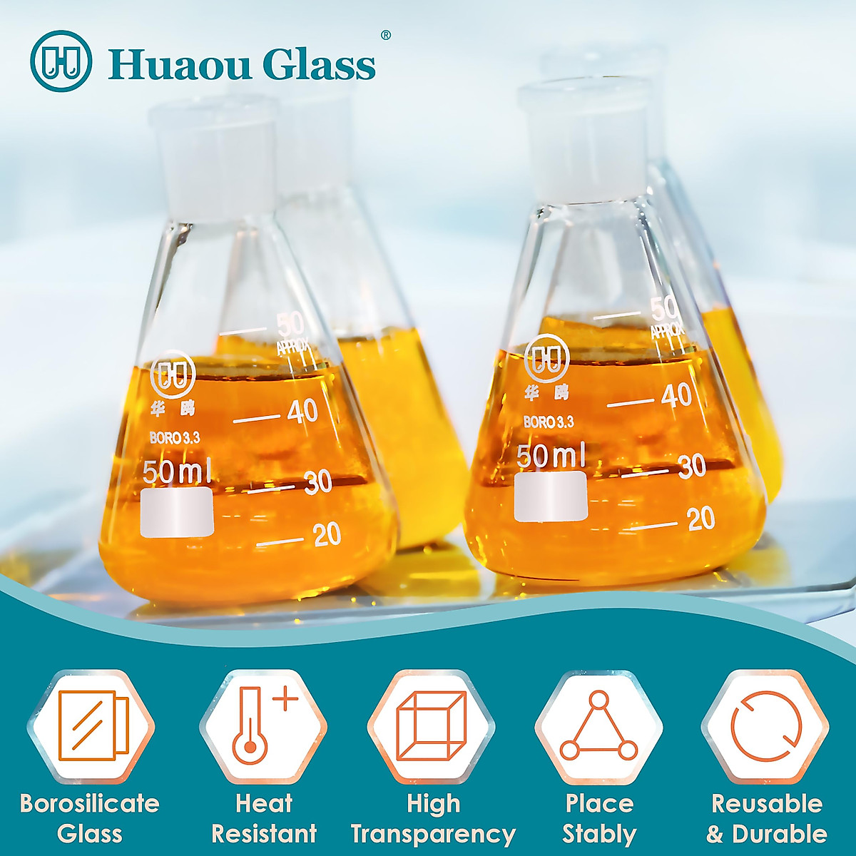 HUAOU Scientific 150ml Erlenmeyer Conical Flasks Set with Ground Glass Stoppers, Graduated 3.3 Borosilicate Glass, Pack of 3
