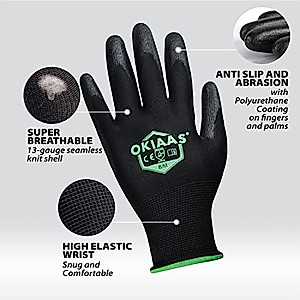 OKIAAS Work Gloves for Men，Ultra Thin and Lightweight Working Gloves with Grip, 12 Pairs Bulk Pack Construction Gloves with Polyurethane Coating, Safety Gloves for Light Duty Work (Black, Large)
