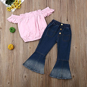 preetyyou Toddler Baby Girl Clothes Off Shoulder Tube Top Shirt Bell Bottom Jeans Pants Summer Outfits (Pink, 1-2T)