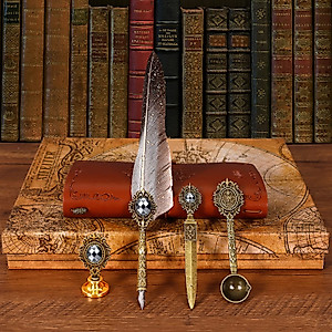 Aifeiter Feather Pen Ink Set,Includes Quill Pen,Notebook,Ink,5 Replaceable Nibs,Pen Holder,Cup,Seal Stamp,Spoon,Wax Bead,White Wax,Envelope & Letter Paper Etc.Feather Calligraphy Pen Set-Grey