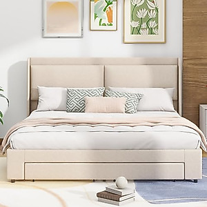 BOVZA Queen Size Lift Upholstered Platform 2 Drawers, Modern Wingback Headboard, Hydraulic Storage Bed Frame, Linen Beige