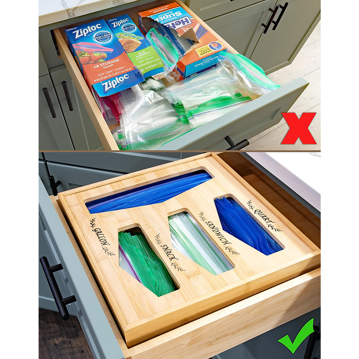 All-in-One Ziploc Bag Organizer for Kitchen Drawer | Space-Saving Storage Bag Holder | Easy Access Ziplock Organizer with Slide-Off Top | Perfect for Sandwich Bags, Quart, Snack, and Gallon Size