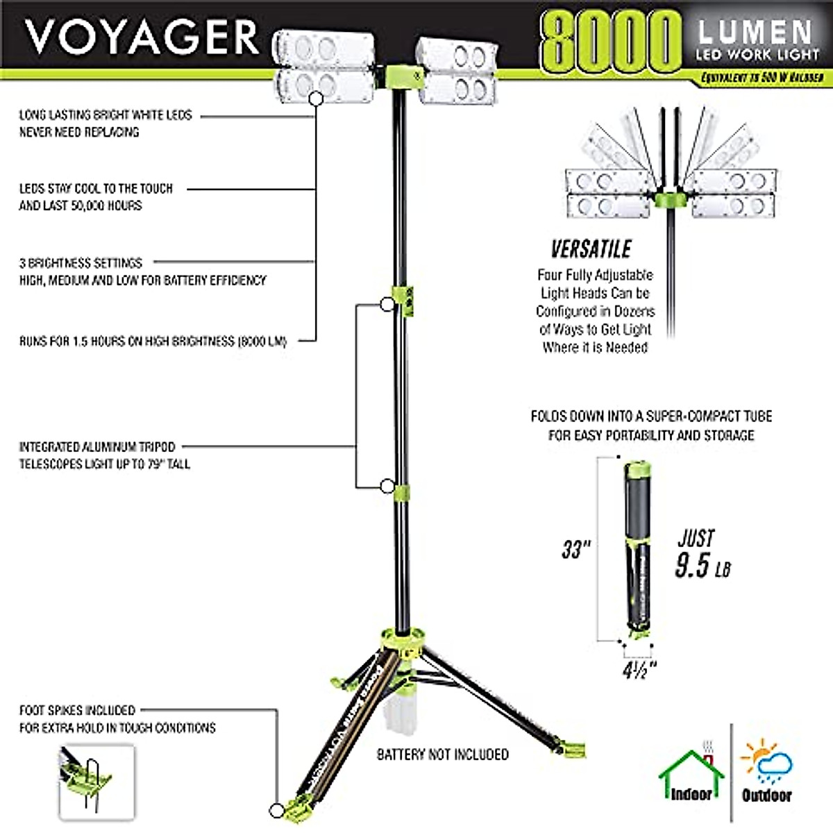 PowerSmith Voyager PVLR8000A-C 8000 Lumen Collapsible Cordless Tripod LED Work Light. Bare Light Only. 3-Way Power. AC or DC Adaptor or Battery Needed to Use Light