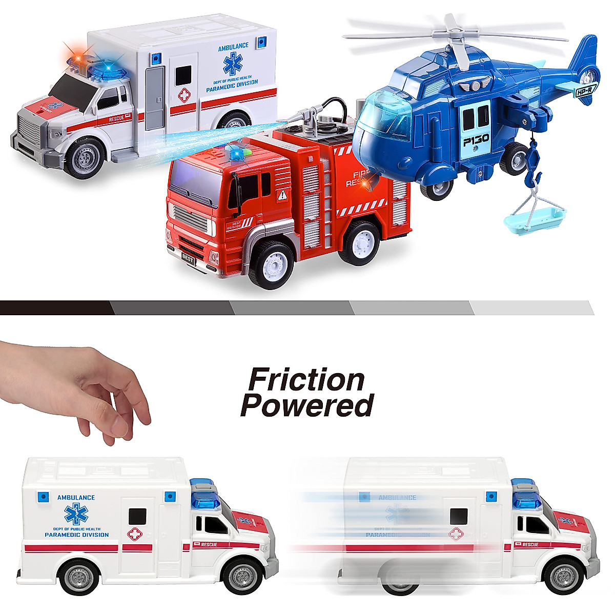 JOYIN 13Pcs Ambulance Toys, City Emergency Truck Toy Set with Fire Truck, Ambulance, Helicopter, Action Figures, Friction Powered Vehicles with Light and Sound, Boys Girls Gifts for 1-8 Years