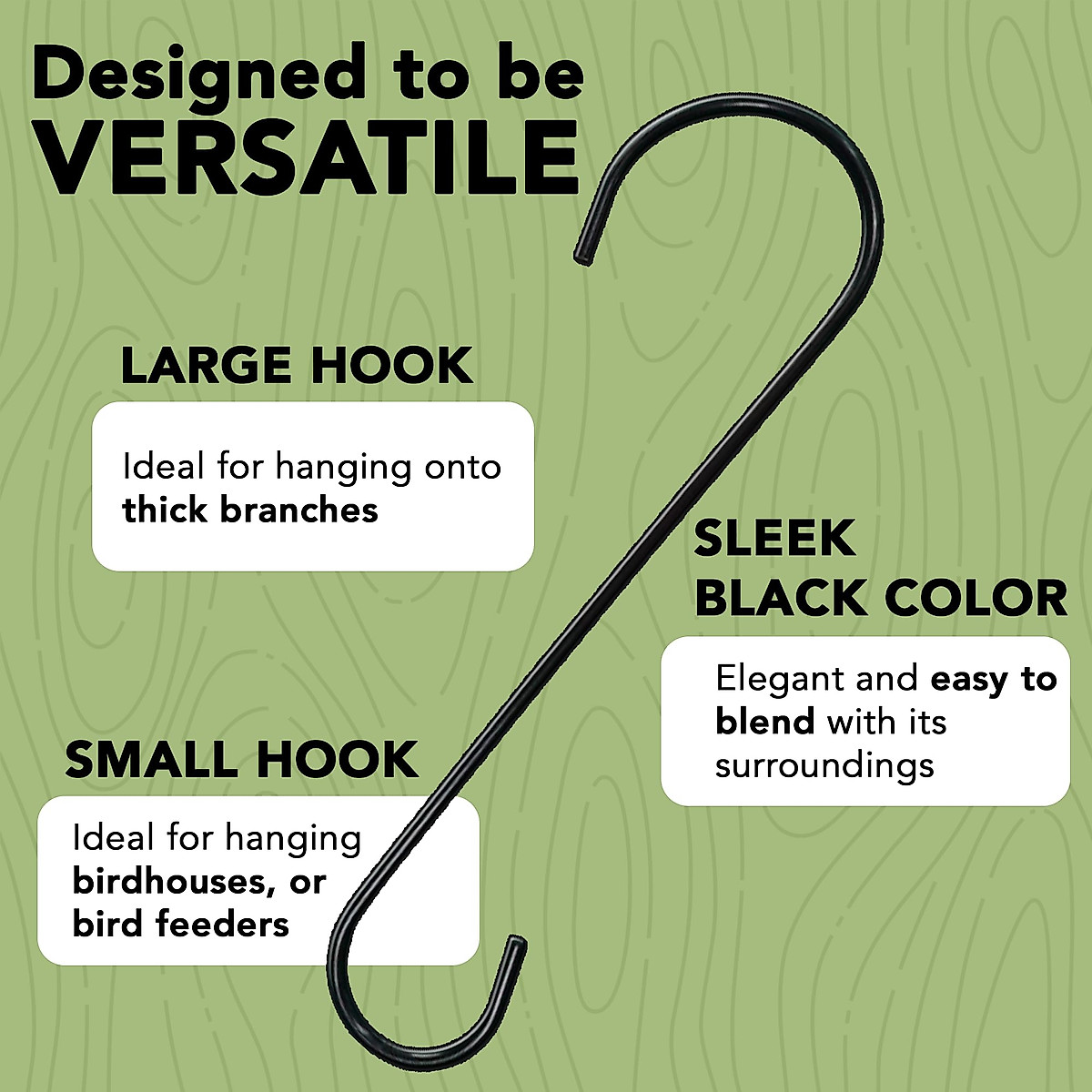 SunGrow S-Shaped Metal Tree Branch Hangers, Black Hook Stainless Steel Stakes for Bird Feeder & Baths, Plant Hanger, Outdoor Lights (5 Pcs - 6 Inches)