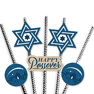 Happy Passover - Paper Straw Decor - Pesach Jewish Holiday Party Striped Decorative Straws - Set of 24