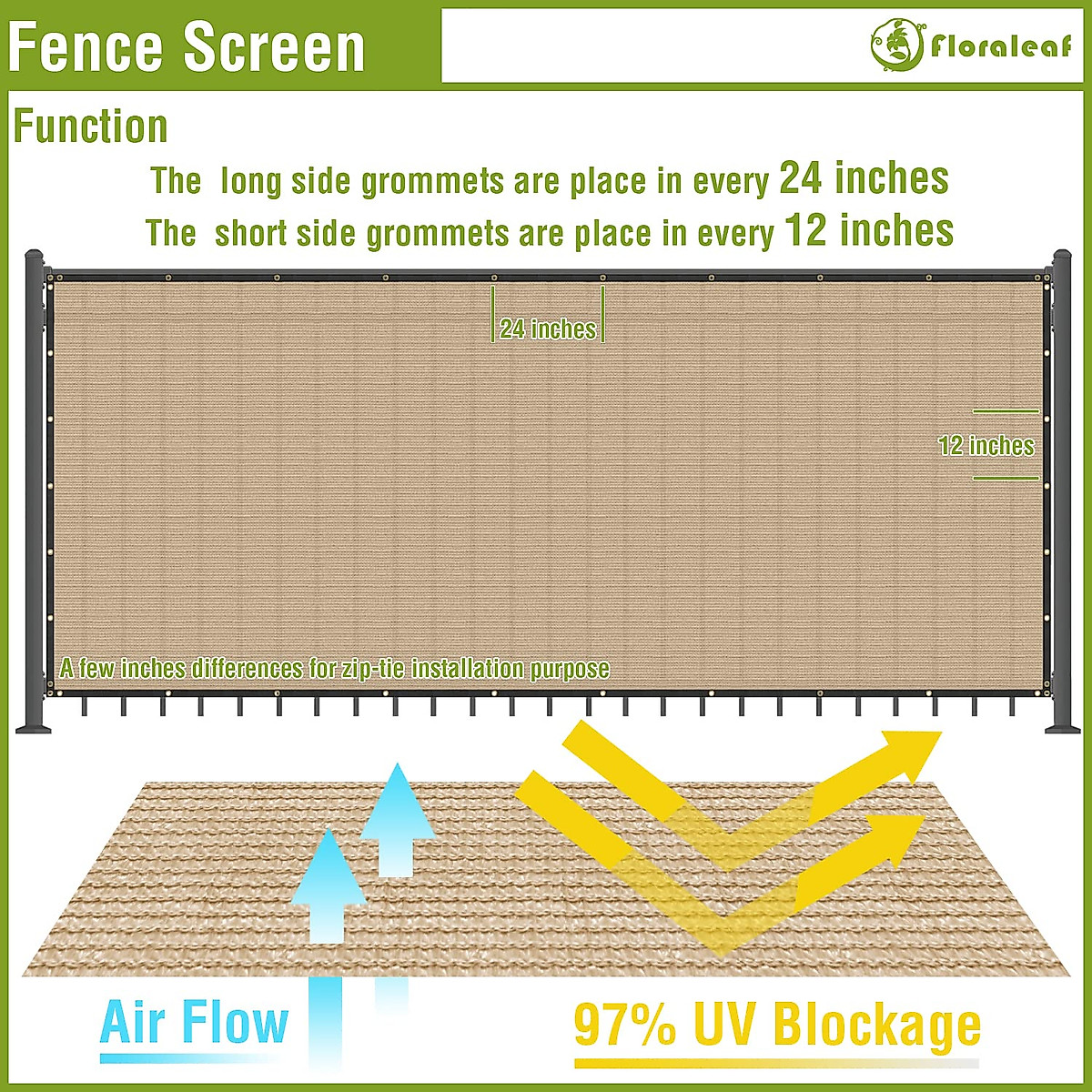 FLORALEAF Privacy Screen Fence Windscreen Mesh Shade Net Cover Heavy Duty Fencing 97% Blockage for Outdoor Wall Garden Yard Backyard Sand 4'x28'