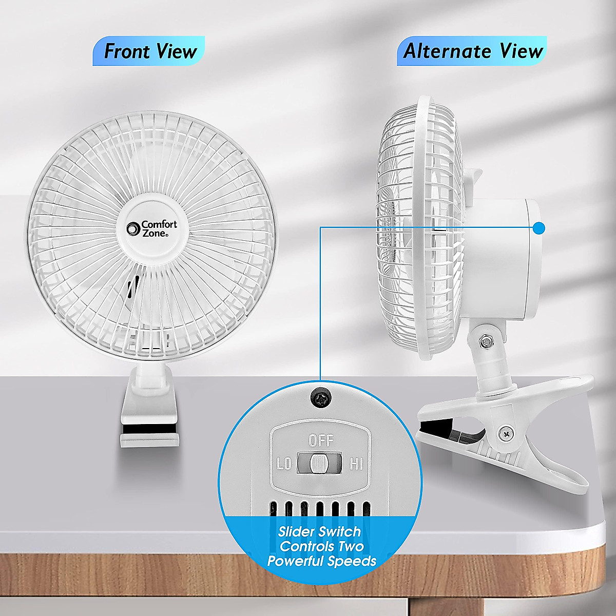 Comfort Zone CZ6C 6-inch Quiet Portable Indoor 2-Speed Desk Fan with Clip and Fully Adjustable Tilt, White for Home, Office, Bedroom