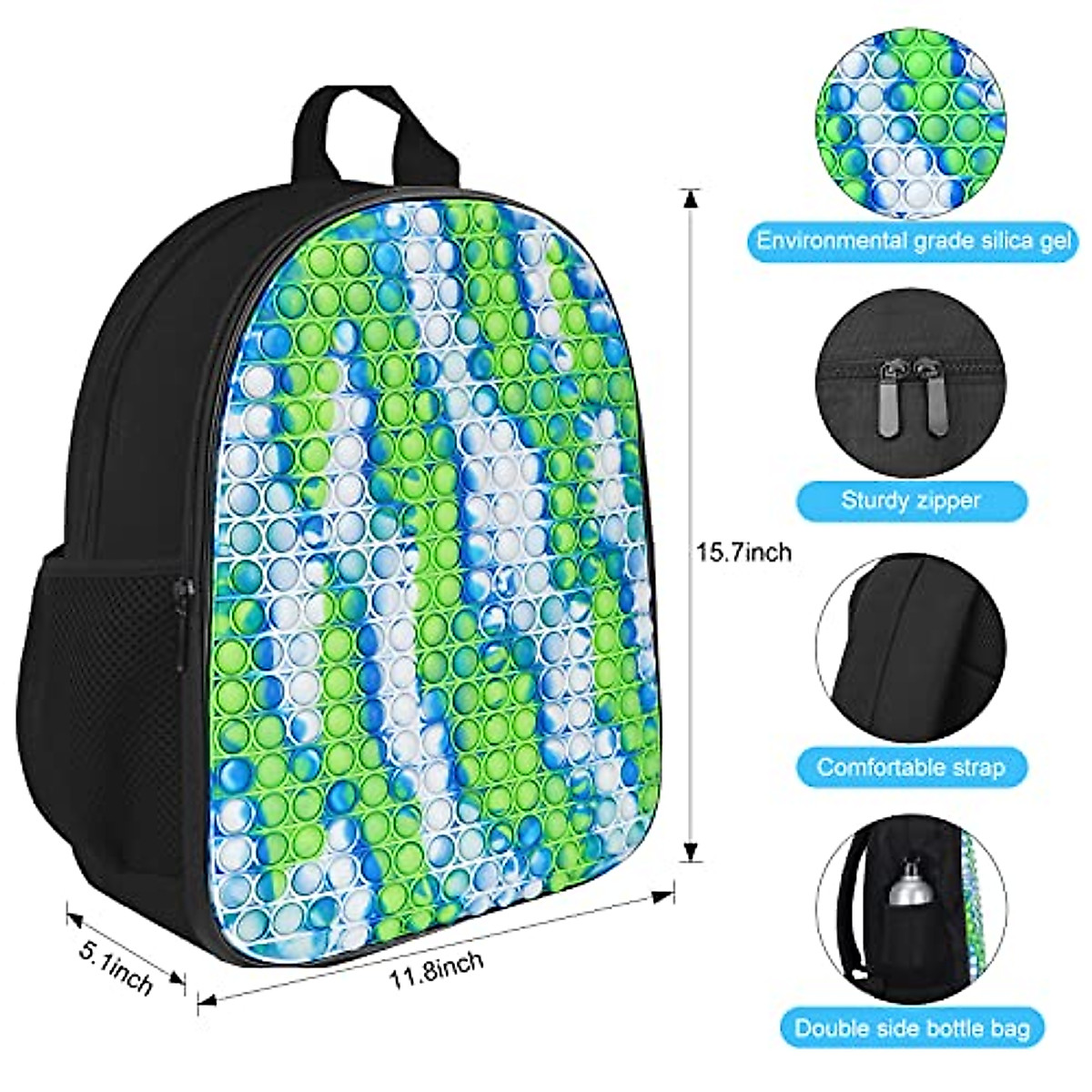 CNRYRIO Large Pop Fidget Backpack Pop It Backpack Cute Kids School Bag 16 Inches for 3-12 Years Boys and Girls Casual Toy Backpack(Tie Dye Green)