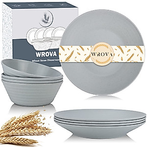 Wrova Wheat Straw Dinnerware Sets - 8 set Unbreakable Microwave Safe Dishes - Reusable Wheat Straw Plates and Bowls Sets for Kitchen - Kid’s Wheat Straw Bowls and Plate for Cereal, Soup (Light Grey)
