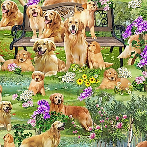 Generic Golden Retriever Park, Dogs and Flowers in Park Cotton Fabric, Size for Yard 36 X 44 Inches Timeless Treasures CD2944, Green