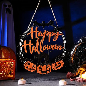 Bucherry Black Cat Pumpkin Hanging Sign Happy Halloween Front Door Welcome Sign Wall Decor Wall Plaque for Halloween Party