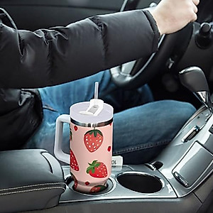 Jihqo Cute Strawberry 40 oz Stainless Steel Vacuum Insulated Tumbler with Handle and Straw Lid, Leakproof Water Bottle Double Wall Travel Mug Coffee Cup, Cupholder Friendly