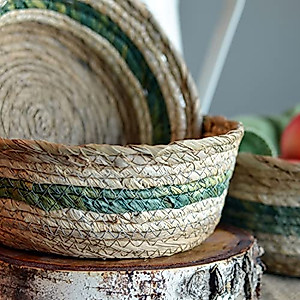 Coastal Green Stripes 3 Piece Basket Set, Shelf Organizers, Corn Husk Wicker, Chunky Rope Weave, Stitched, Diameter 9.75 Inches