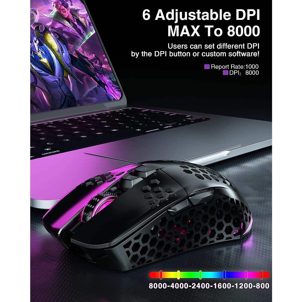 SOLAKAKA SM600 Honeycomb Shell Gaming Mouse Wireless,8000 DPI Tri-Modes BT5.1/2.4G Wireless/Type-C Wired Gamer Mouse with 2 Side Buttons, Macro Programmable and RGB Light for PC/Mac/Laptop,Black