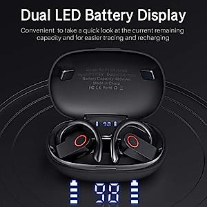 PRTUKYT Wireless Earbuds, Bluetooth 5.0 Running Headphones Stereo Deep Bass Sport Earphones Built-in Mic Digital LED Display 30Hrs Playtime Headset with Ear Hooks for Sports Running Gym