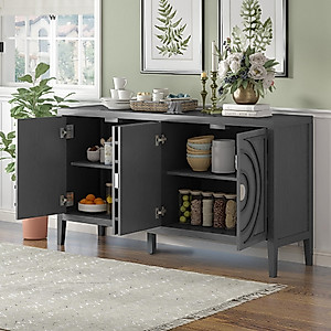 P PURLOVE Retro Accent Sideboard Cabinet with 4 Doors, Freestanding Storage Console Table with Circular Groove Design and Metal Door Handle, Wooden Sideboarddoor for Dining, Hallway (Gray)