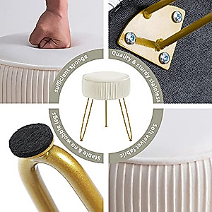 GERANT Multifunctional Vanity Stool,Modern Vanity Stools for Makeup Room,Velvet Round Ottoman Footrest Stool with Metal Legs, Upholstered Pleated Vanity Chair Stool for Living Room,Office(Beige)