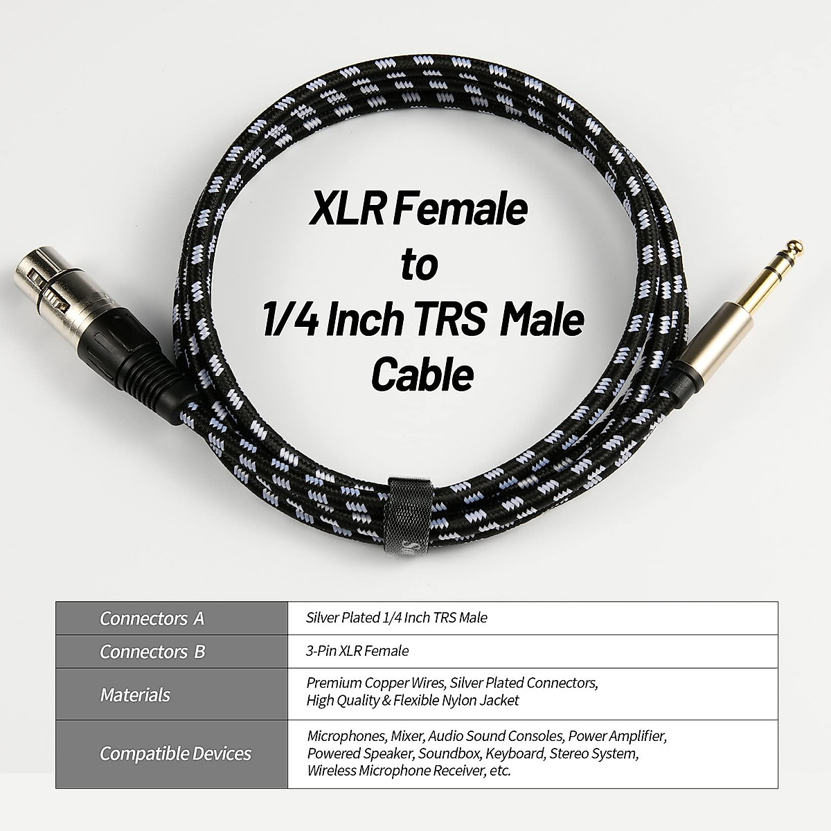 Sound harbor XLR Female to 1/4" TRS Cable, Balanced Microphone Cables,10 Feet