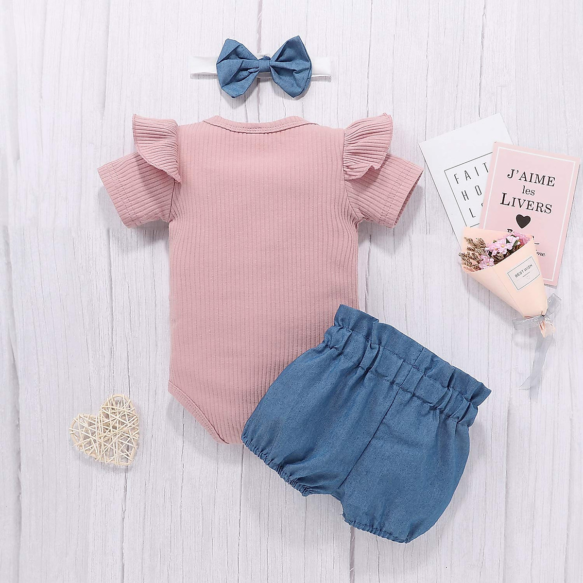 EQSJIU Newborn Baby girl outfits infant rompers 0-3 months summer clothes pants cotton bow headband pants shorts 3pcs set pink blue