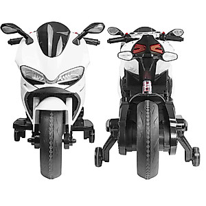 Ride On Toys Kid Motorcycle 12V 7AH Battery with Slow Start Function, Safety, High and Low Speed,Leather Seat Plastic Wheels with LED Lights, Have MP3 Player Function (White)