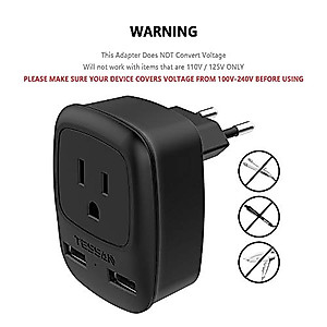 European Travel Plug Adapter 2 Pack, TESSAN International Power Outlet Adaptor with 2 USB, Type C Charger from USA to Most of Europe EU Spain Iceland Germany France Italy Israel, Black
