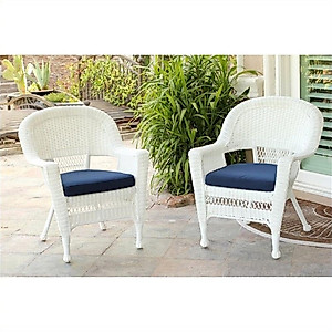 Pemberly Row Wicker/Rattan Chair with Cushion in White/Blue (Set of 2)