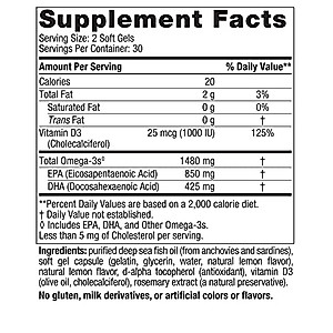 Nordic Naturals Ultimate Omega Xtra, Lemon Flavor - 60 Soft Gels - 1480 mg Omega-3 + 1000 IU Vitamin D3 - Omega-3 Fish Oil - EPA & DHA - Brain, Heart, Joint, & Immune Health - 30 Servings