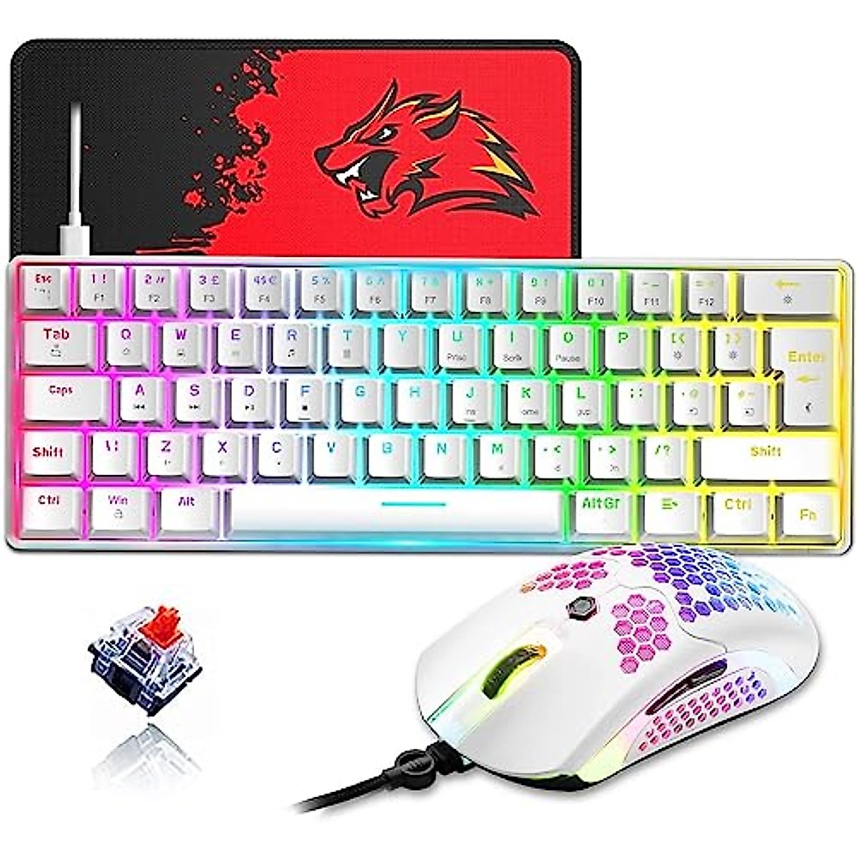 SELORSS ZIYOULANG T60 60% Compact Mechanical Gaming Keyboard RGB Chroma Type C Ergonomic Mini Keyboard UK Layout 12000DPI Gaming Mouse Honeycomb Shell for PC/PS4/PS5/Xbox(Red Switch)