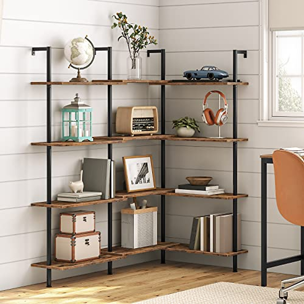 HOOBRO 6-Tier DIY Ladder Shelf and 4-Tier Wall Mounted Bookshelf Bundle, Office Vertical Bookcase Wooden Storage Shelves for Home Office, Bedroom, Rustic Brown and Black BF65CJ01-BF43CJ01