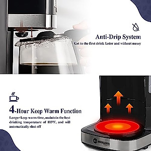 Megalesius Programmable Coffee Maker, 12 Cup Coffee Maker With Auto Shut Off, Drip Coffee Maker With 4-Hour Keep Warm, Glass Carafe, Reusable Filter, Anti-Drip System, Strong Brew, Black