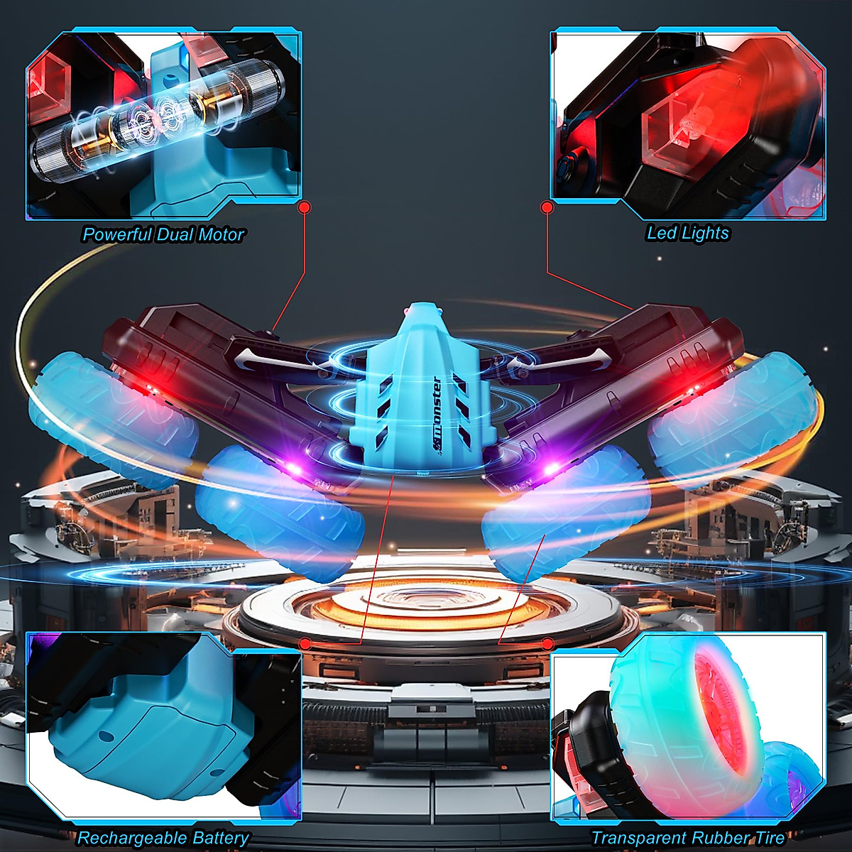 Remote Control Car Toys for Ages 8-12, 2.4Ghz RC Car with Headlights Wheel Lights, Off Road 4WD Rechargeable RC Stunt Car, RC Cars Toys Birthday for Kids Boys Girls (Blue)