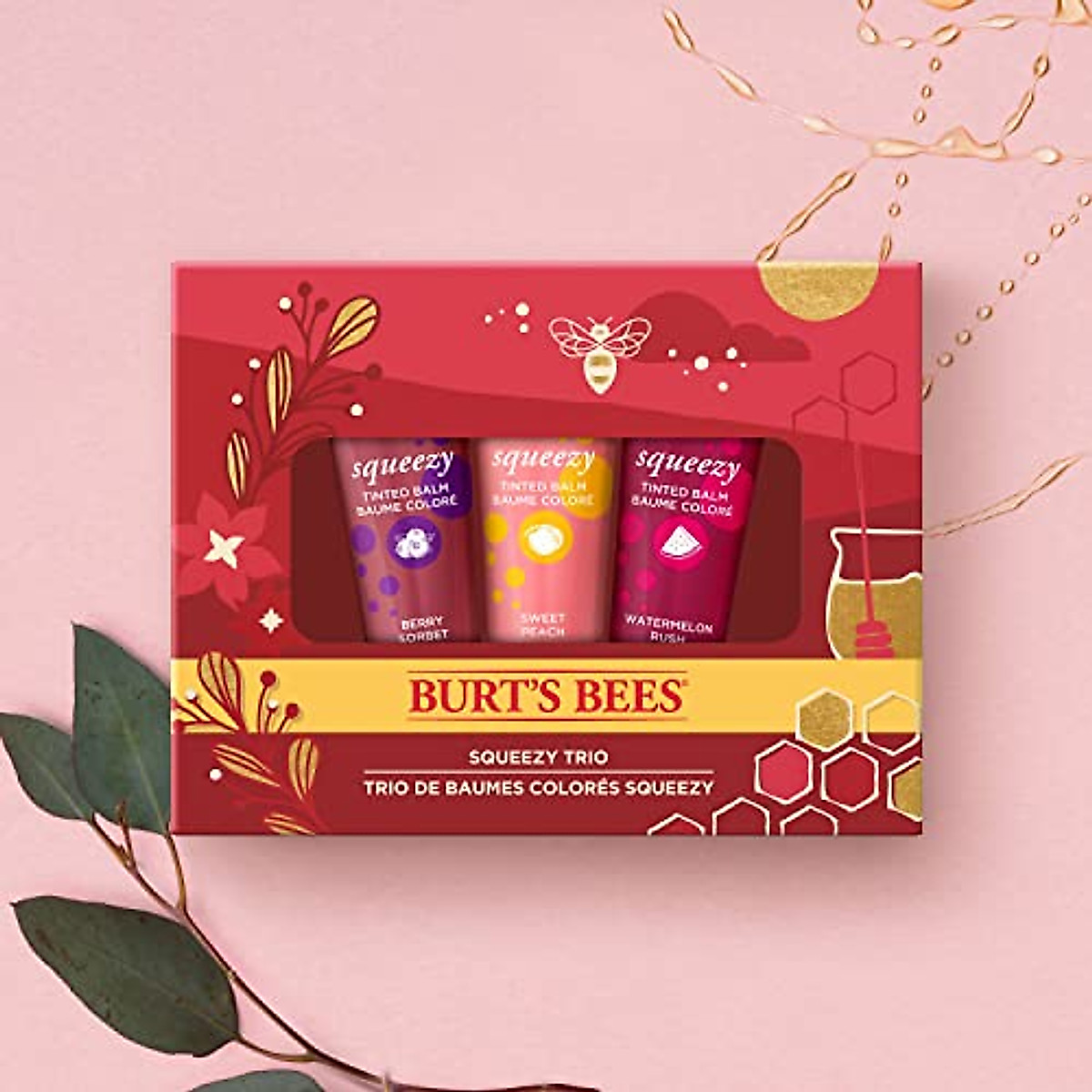 Burt's Bees Christmas Gifts, 3 Lip Care Stocking Stuffers Products, Squeezy Trio Tinted Lip Balm Set - Berry Sorbet, Sweet Peach & Watermelon Rush