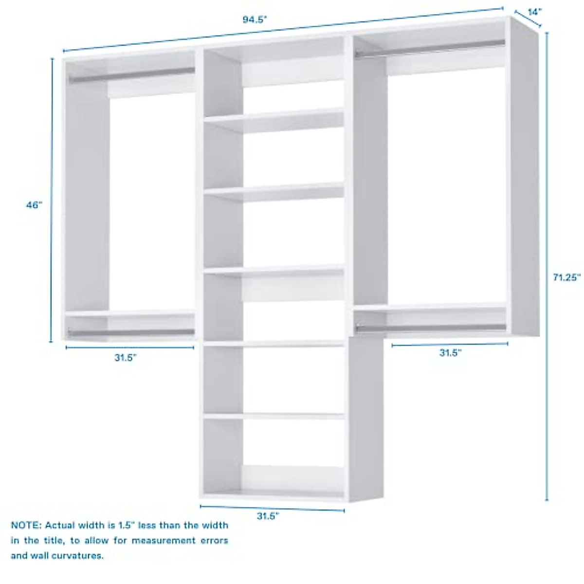 Closet Kit with Hanging Rods & Shelves - Corner Closet System - Closet Shelves - Closet Organizers and Storage Shelves (White, 96 inches Wide) Closet Shelving
