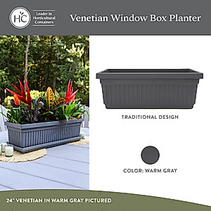 The HC Companies 30 Inch Venetian Rectangular Window Planter Box - Lightweight Plastic Indoor Outdoor Plant Pot with Drainage for Windowsill, Herbs, Flowers, Warm Gray