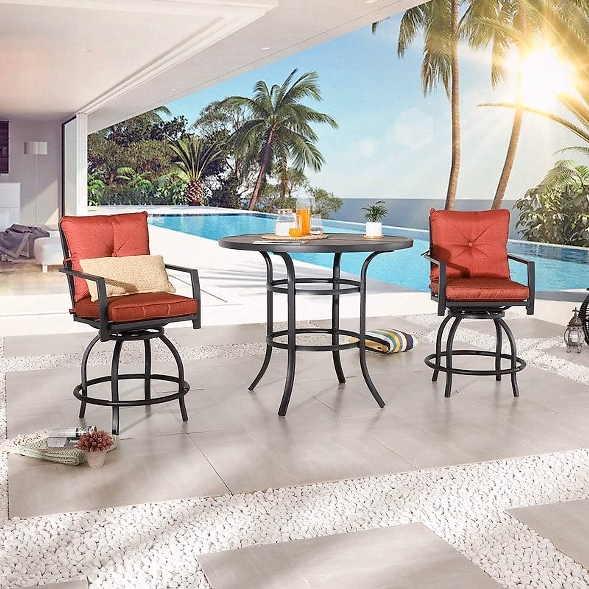 3 Piece Outdoor Bistro Set with Red Cushions Scandinavian Square Polyester Coffee Table Cushion Included