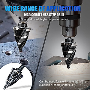 M35 Four Spiral Flute Step Drill Bit Set 1/4" - 1-3/8" （19 Sizes, 1/4" Hex Shank Unibit Step Drill bit, Impact Resistant M35 Cobalt Step Drill Bit, for Stainless Steel, Wood, Aluminum, Plastic