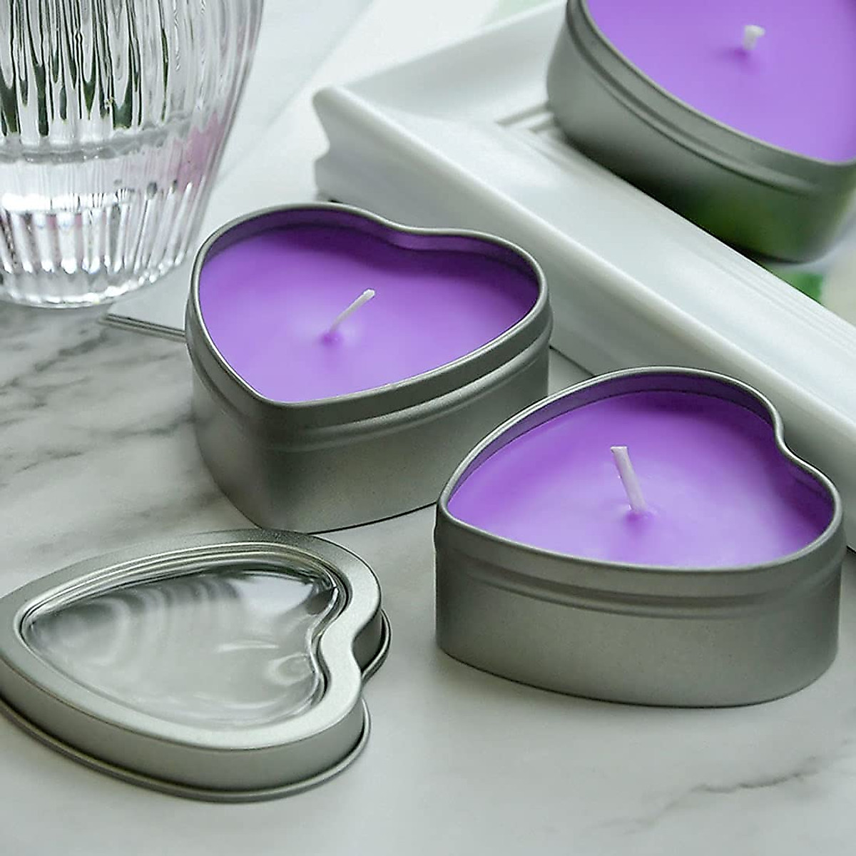 DEYBBY Large Heart Shaped Scented Tea Lights Candles, Smokeless Soywax —6 Hours Long Burning Lavender Purple Aromatherapy Candles for Relaxation, Spa and Bath (Pack of 6)